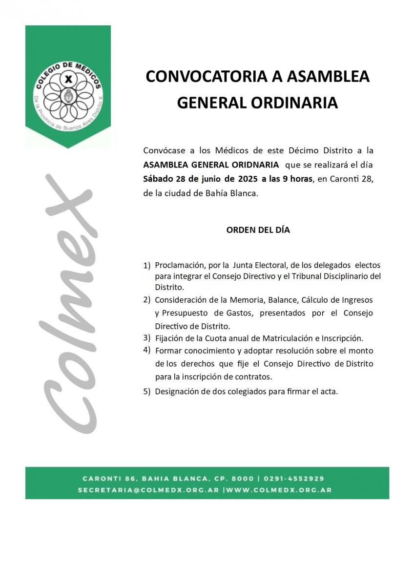 CONVOCATORIA ASAMBLEA GENERAL ORDINARIA 2025 | Colegio de Médicos de Bahia Blanca